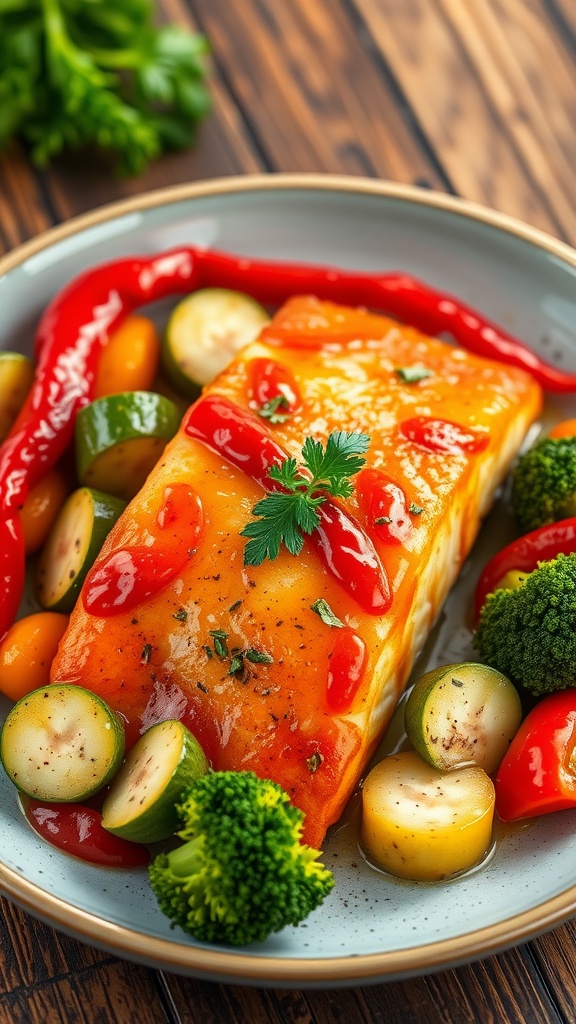 Citrusy Glazed Salmon with a Colorful Vegetable Medley