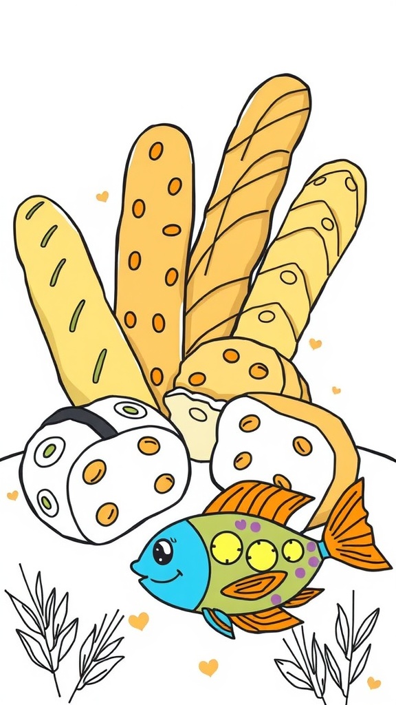 Colorful Bread and Fish for Kids: A Fun Coloring Activity