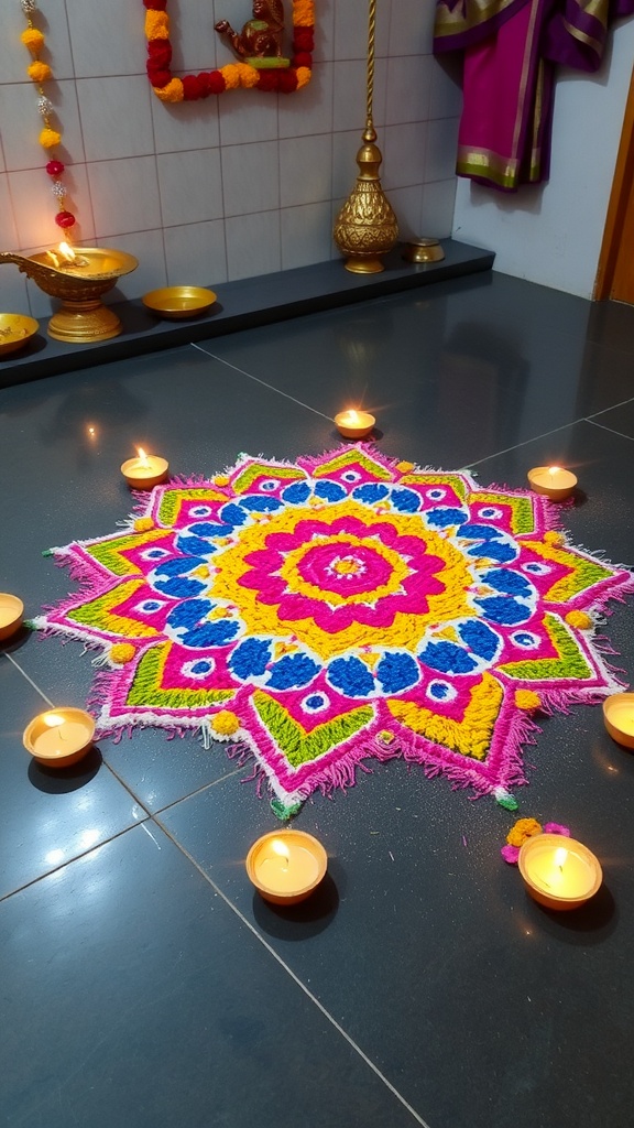 Colorful Rice Rangoli Design for Festive Celebrations