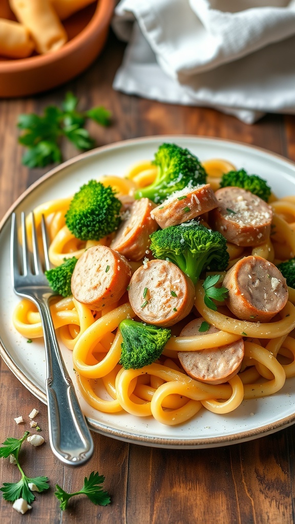 Quick Garlic Parmesan Rigatoni with Chicken Sausage & Broccoli