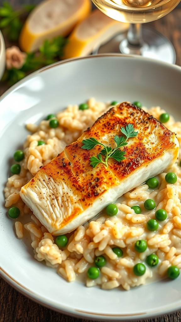 Creamy Sea Bass Risotto with Peas - Epicurean Escape